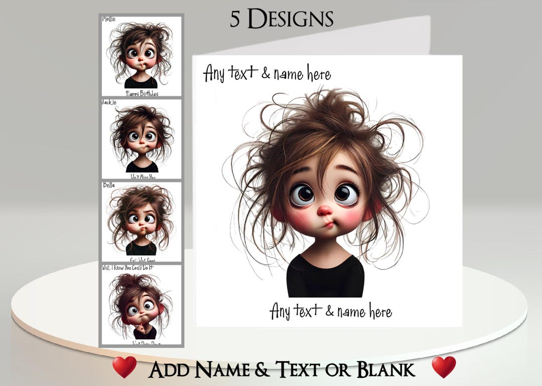 Funny Face Girl Card: Add Your Name + Text, Inside Message, 5 Designs ...