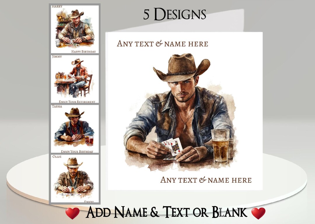 Gambling Cowboy Card: Add Your Text + Name, Inside Message, or Blank. 5 ...