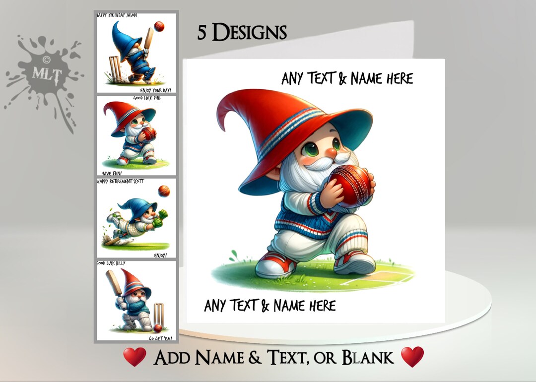 Gnome Cricket Card: Add Your Text + Name, Inside Message, 5 Designs ...