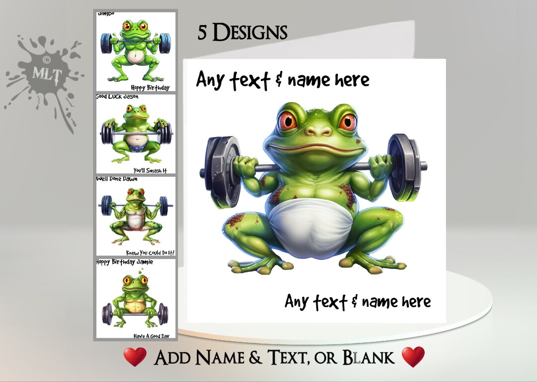 Weightlifter Frog Card: Add Your Text + Name, Inside Message, 5 Designs ...