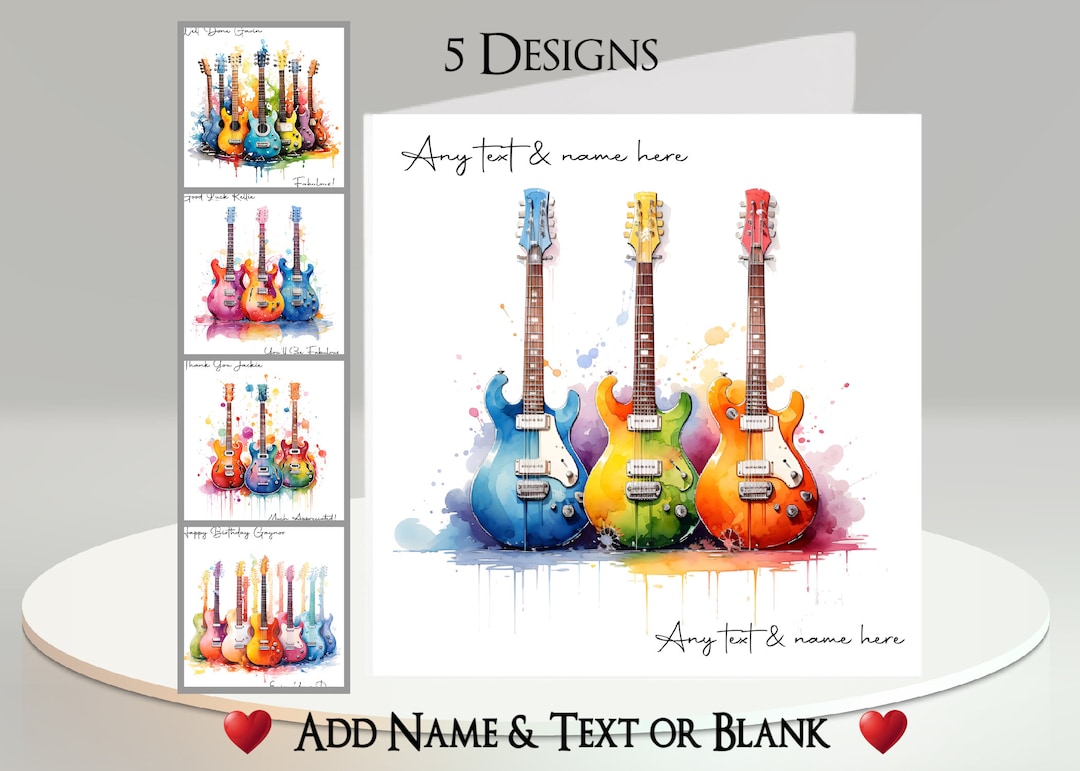 Guitar Card: Add Your Text + Name, Inside Message, or Blank. 5 Designs ...
