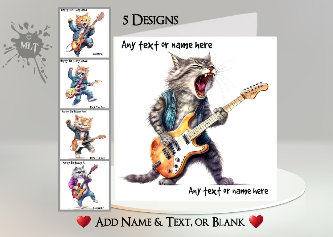 Rockin' Cat Card: Add Your Text + Name ~ Inside Message ~ Cat, Kitten ...