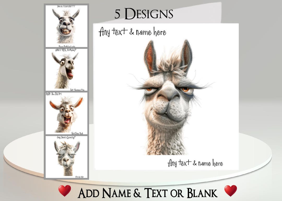 Funny Llama Card: Add Your Text + Name, Inside Message, 5 Designs to ...