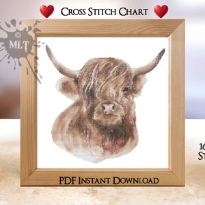 Highland Cow Counted Cross Stitch Chart: Instant PDF Download. Coloured ...