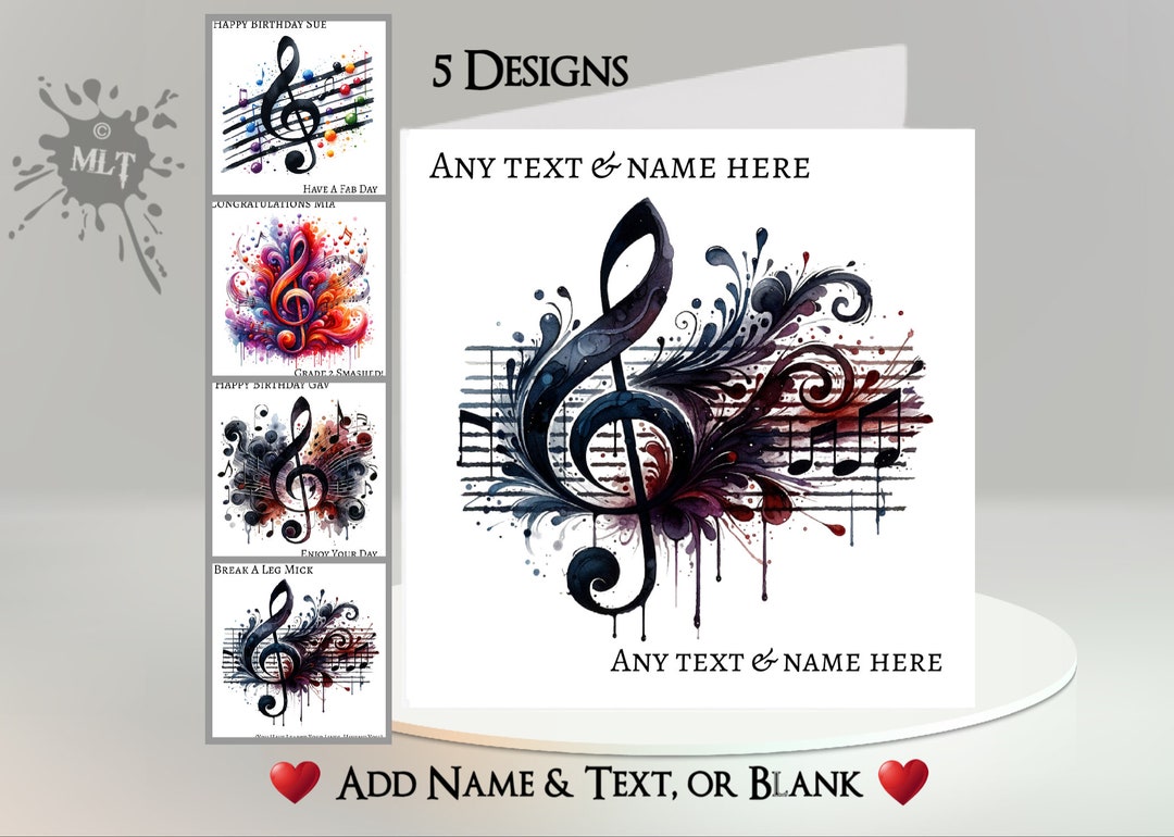 Musical Notes Card: Add Your Text + Name ~ Inside Message ~ Treble Clef ...