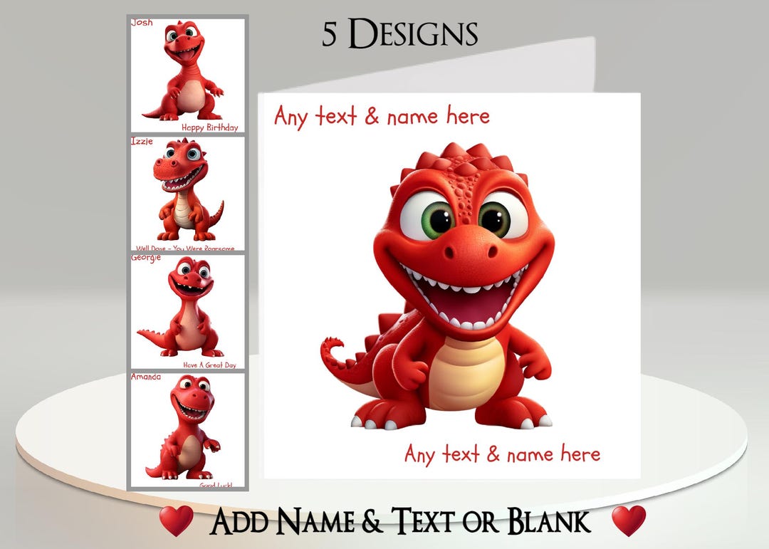 Dinosaur Card: Add Your Text + Name, Inside Message, 5 Designs, Cute ...
