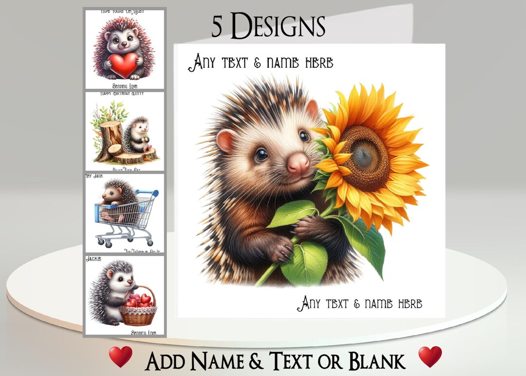 Funny Hedgehog Card: Add Your Text + Name, Inside Message, 5 Designs to ...