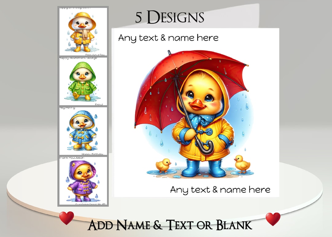 Duck Card: Add Your Text + Name, Inside Message, or Blank. 5 Designs ...