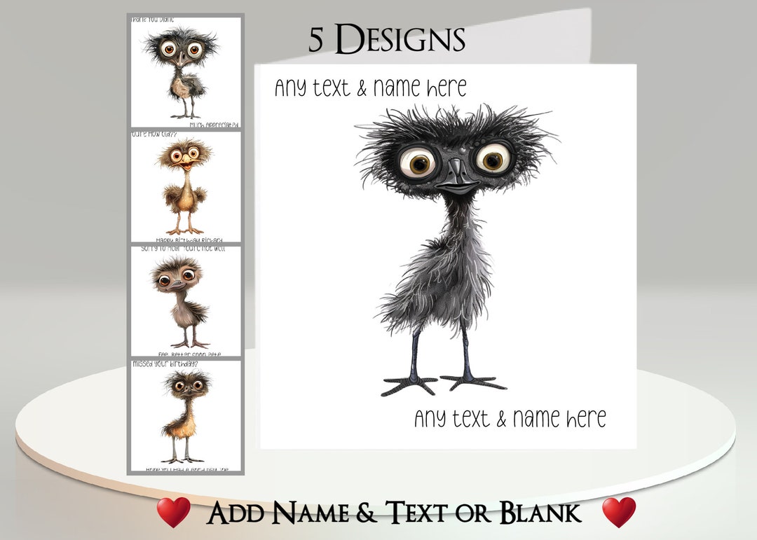 Emu Card: Add Your Text + Name ~ Inside Message ~ 5 Designs ~ Funny Emu ...
