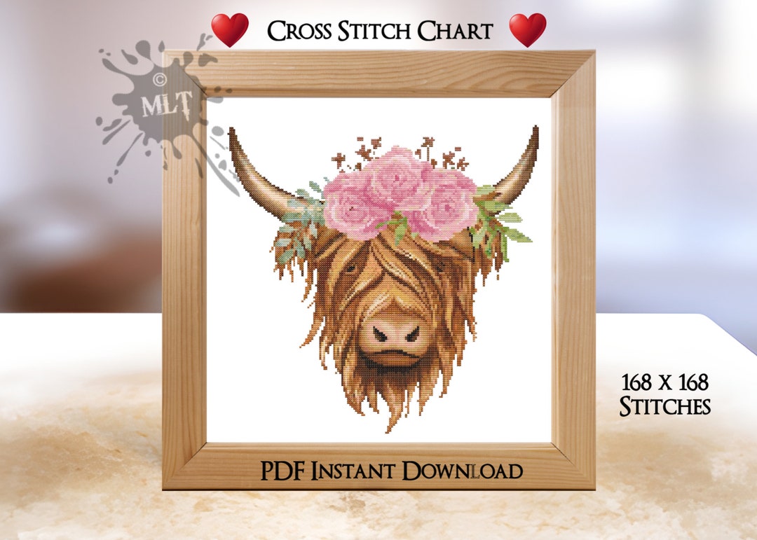 Highland Cow Counted Cross Stitch Chart: Instant PDF Download. Coloured ...