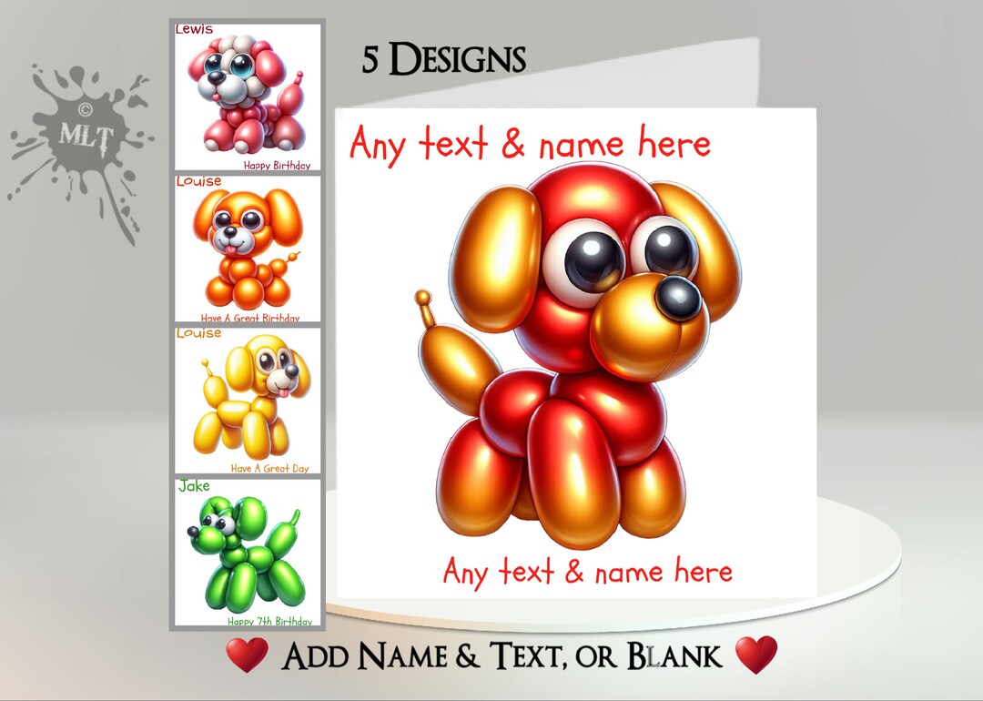 Balloon Dog Card: Add Your Text + Name ~ Inside Message ~ 5 Designs to ...