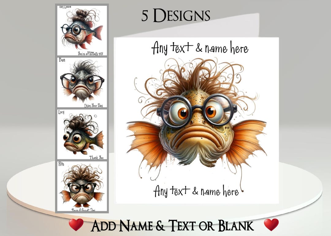 Fish Card: Add Your Text + Name, Inside Message, 5 Designs. Quirky ...