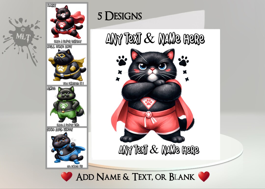 Cat Card: Personalise ~ Add Inside Message ~ Funny Superhero Cat, Black ...