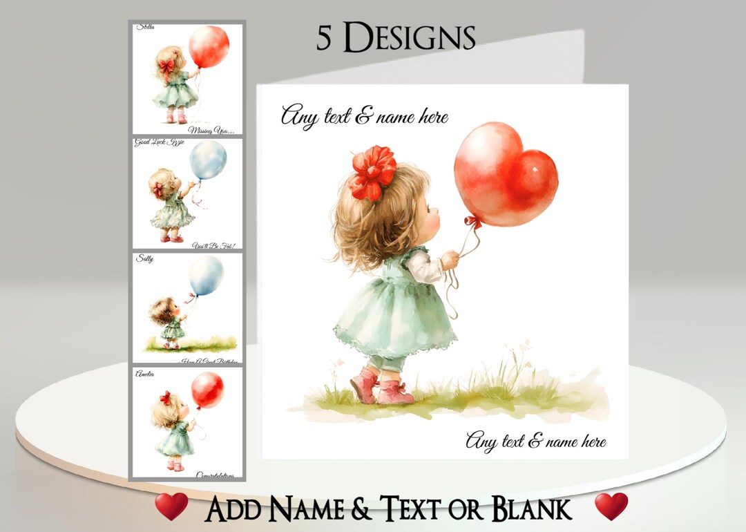Balloon Girl Card: Add Your Name + Text, Inside Message, 5 Designs ...