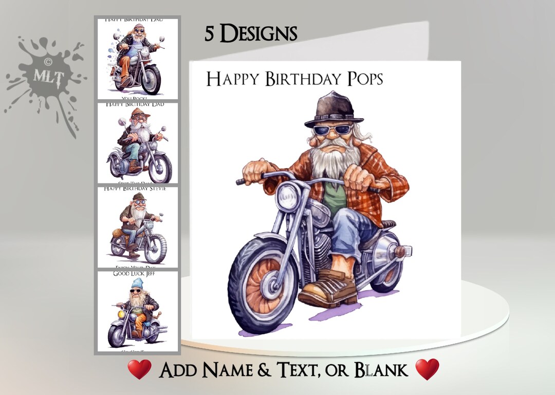 Older Biker Card: Add Your Text + Name, Inside Message, or Blank. 5 ...