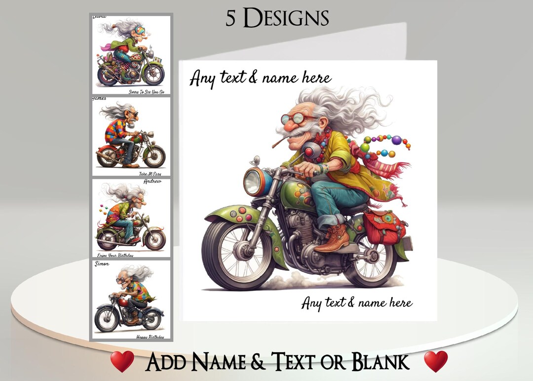 Older Biker Card: Add Your Text + Name, Inside Message, or Blank. 5 ...