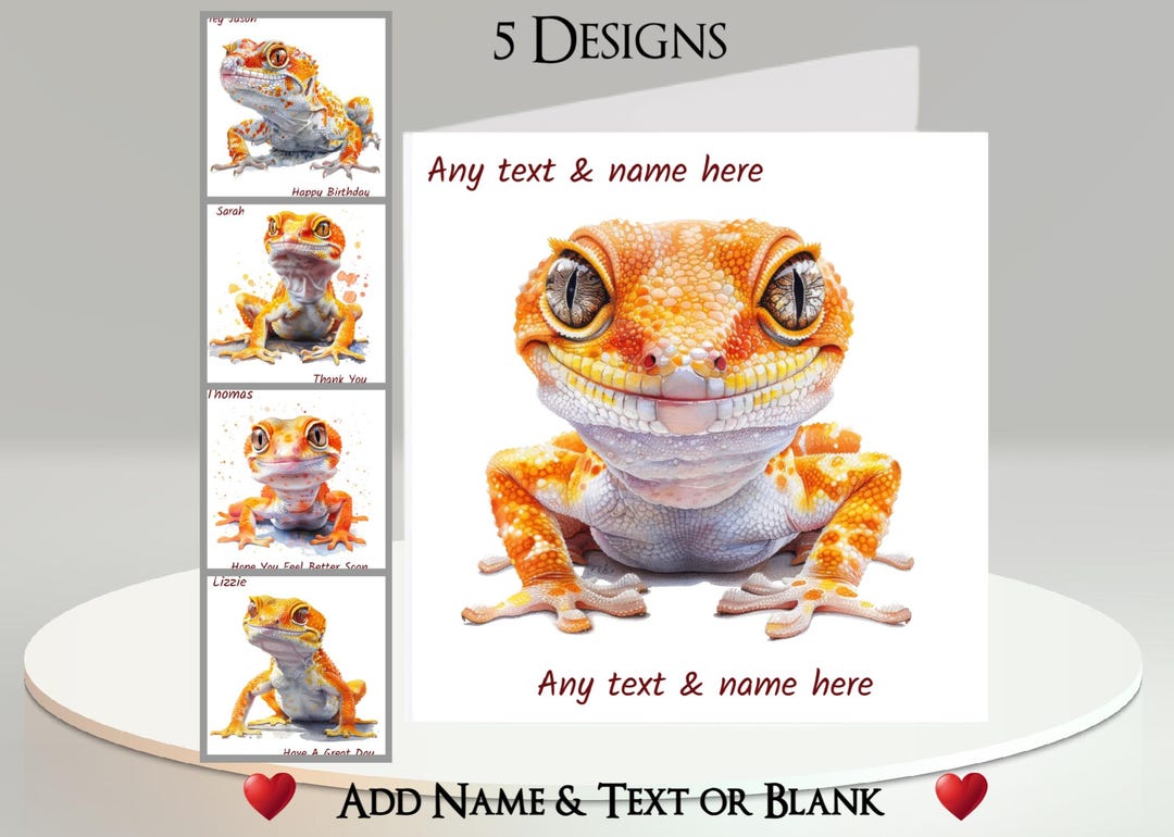 Gecko Card: Add Your Text + Name, Inside Message, or Blank. 5 Designs ...