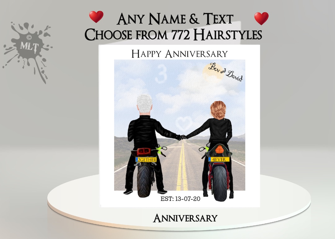 Biker Anniversary Card: Add Your Text, Names + Date, Choose Hair ...