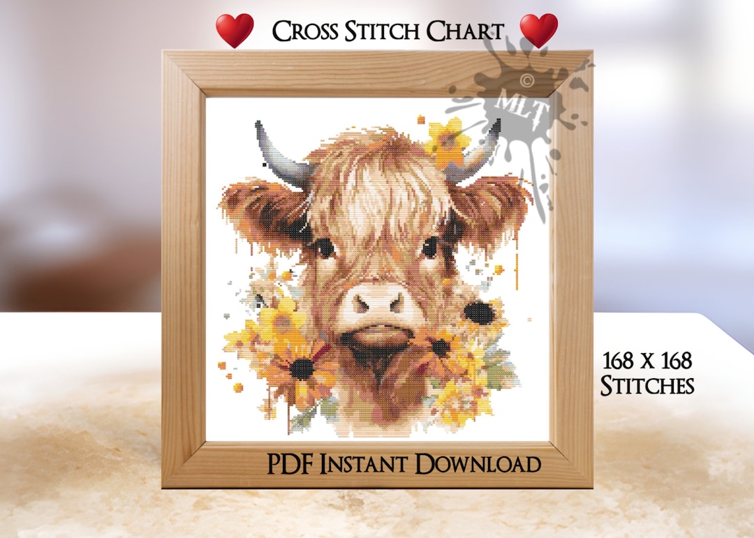 Highland Cow Counted Cross Stitch Chart: Instant PDF Download. Coloured ...