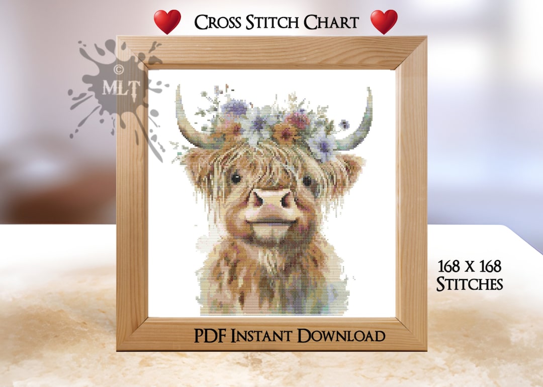 Highland Cow Counted Cross Stitch Chart: Instant PDF Download. Coloured ...