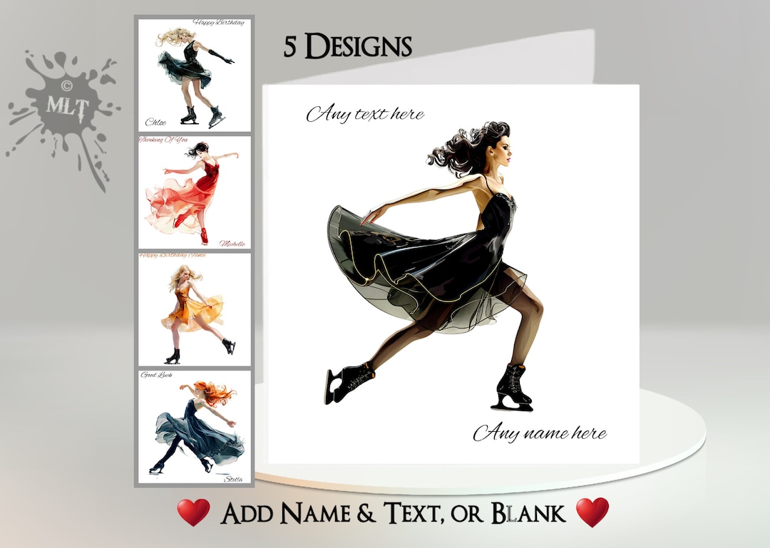 Ice Skater Card: Add Your Text + Name, Inside Message, 5 Designs ...
