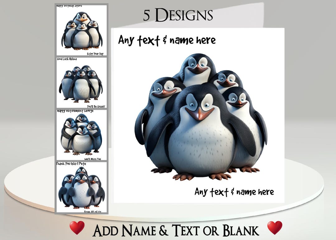 Penguin Card: Add Your Text + Name, Inside Message, 5 Designs to Choose ...