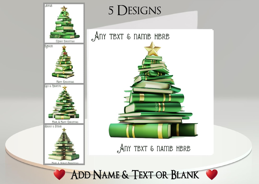 Christmas Book Tree Card: Add Your Text + Name, Inside Message, 5 ...