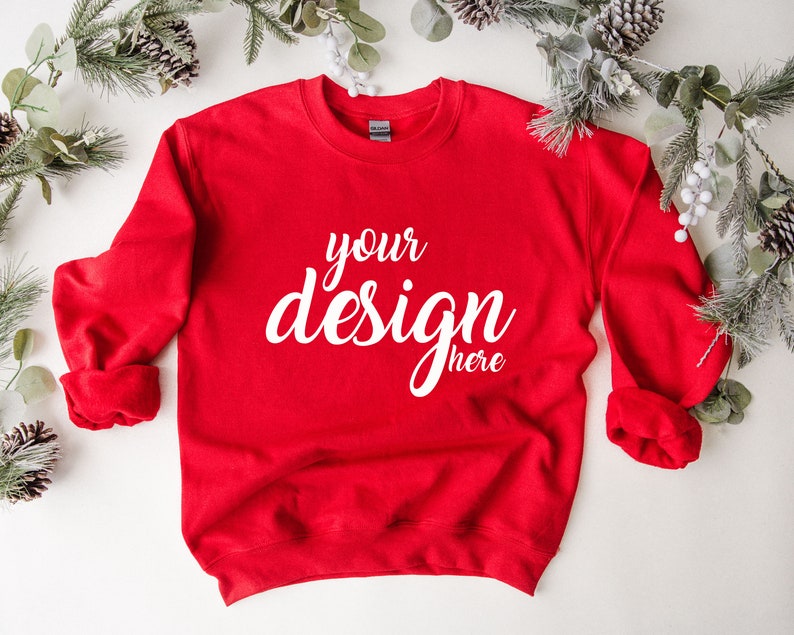 Red Christmas Sweater Mockup Gildan 18000 Mockup Gildan Red Sweatshirt ...