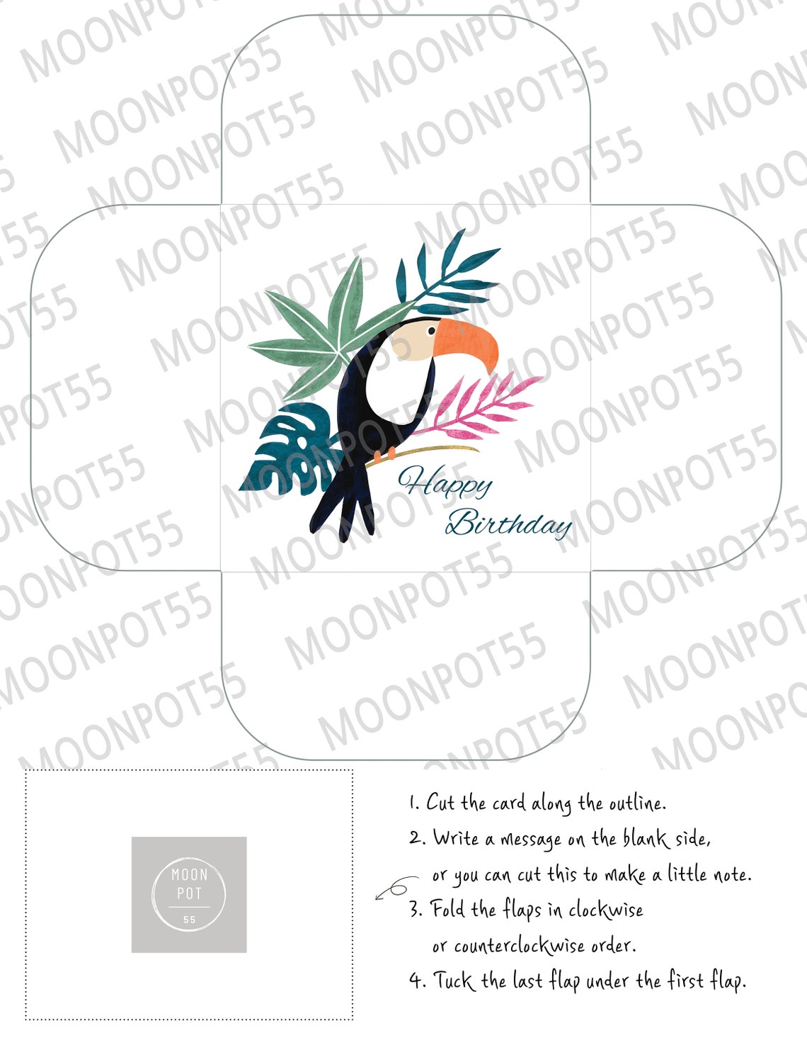 Tropical Birthday Printable Folding Card/ DIY Gift Card Holder/ Simple ...