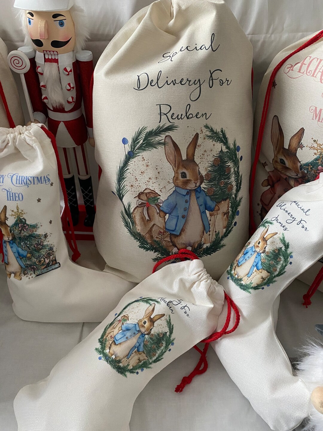 Personalised Rabbit Christmas Sack: Linen Canvas Stocking Santa Gift ...