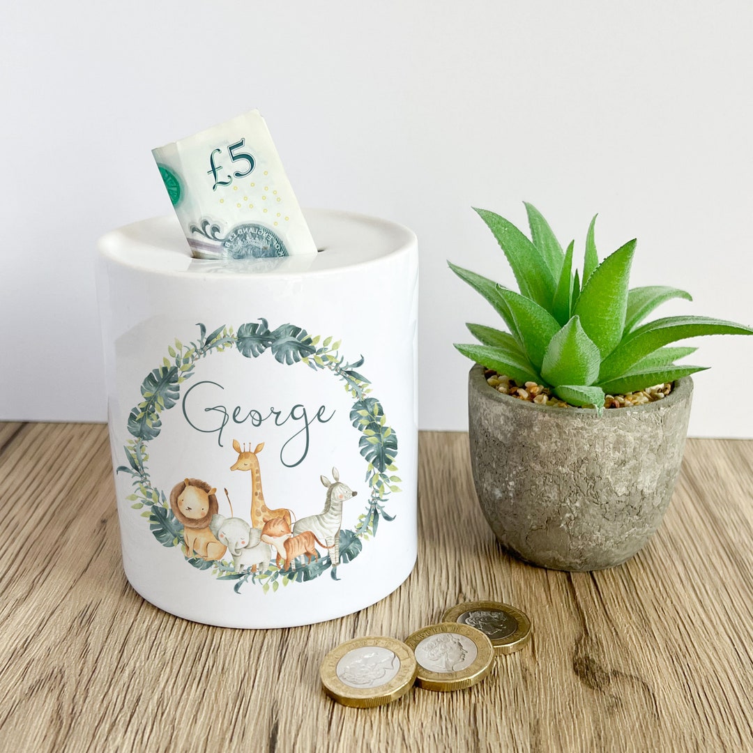 Kids Personalised Jungle Safari Animals Printed Money Box Jungle Piggy ...