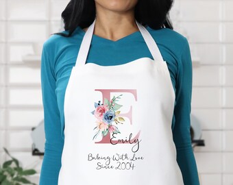 Personalised Initial Apron, Rose Gold Baking Gift, Watercolour Flowers ...