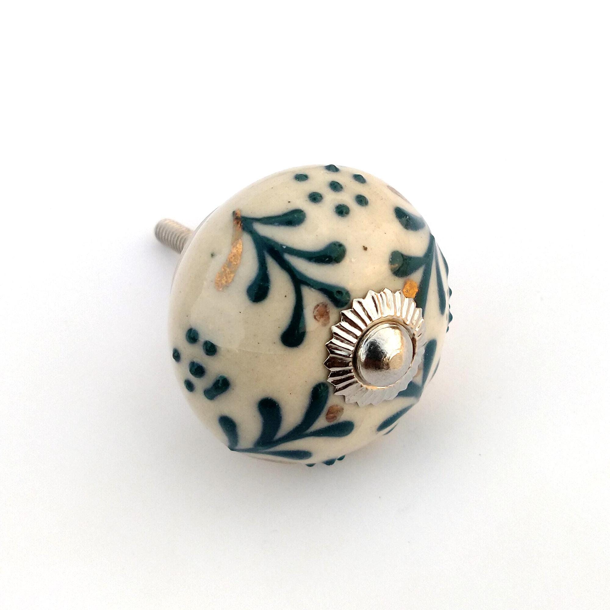 Set of Grey Bohemian Cabinet Cupboard Knobs Floral Patterned Wooden ...