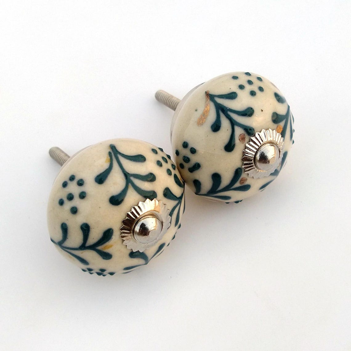 Set of Grey Bohemian Cabinet Cupboard Knobs Floral Patterned Wooden ...