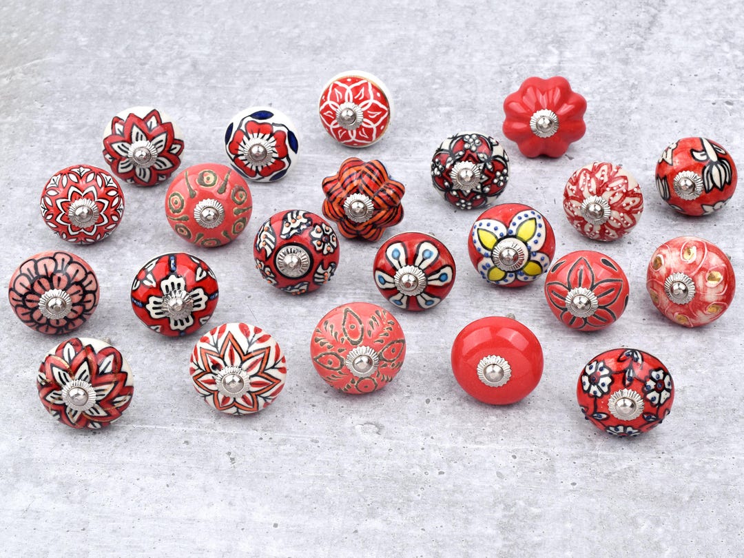 Red Ceramic Knobs | Hand-painted, Assorted Furniture Hardware(set of 1 ...