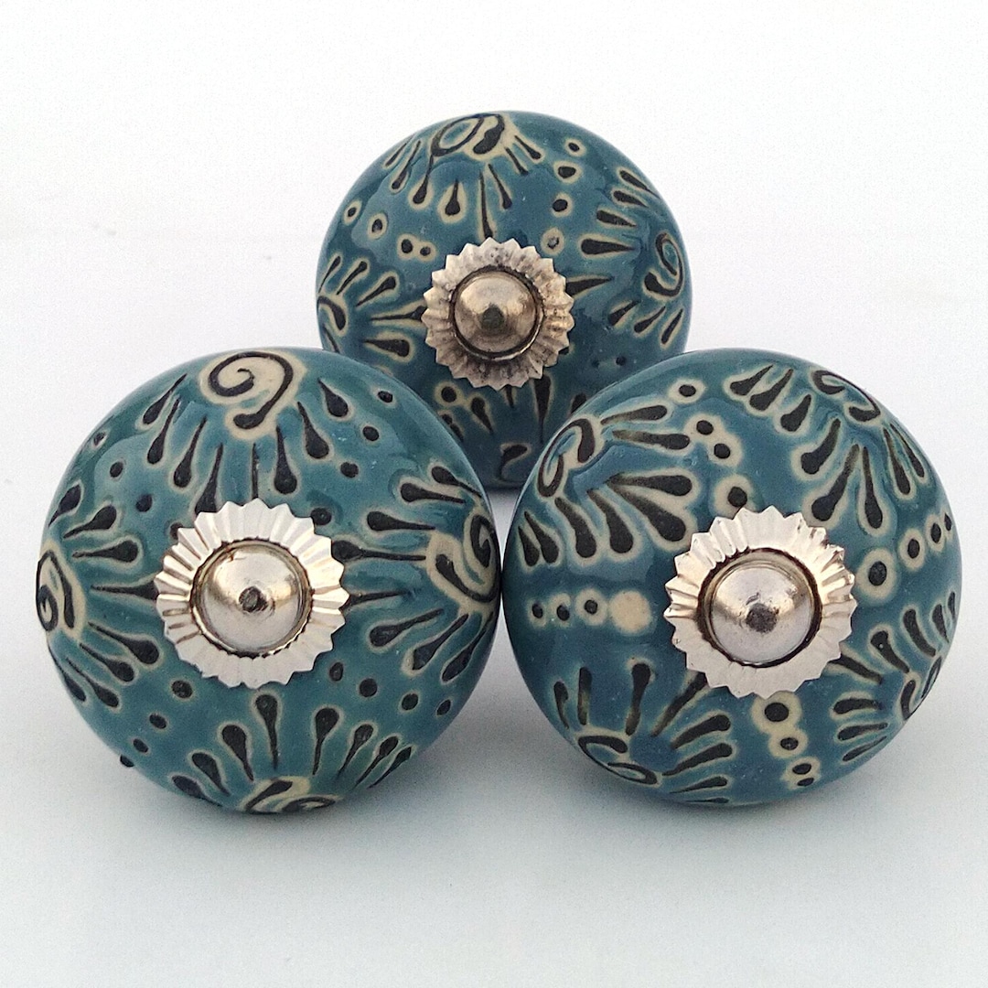 Set of Grey Bohemian Cabinet Cupboard Knobs Floral Patterned Wooden ...