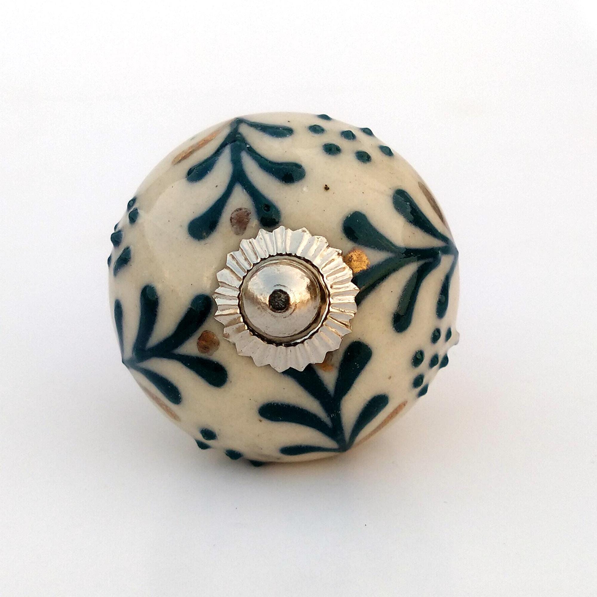 Set of Grey Bohemian Cabinet Cupboard Knobs Floral Patterned Wooden ...