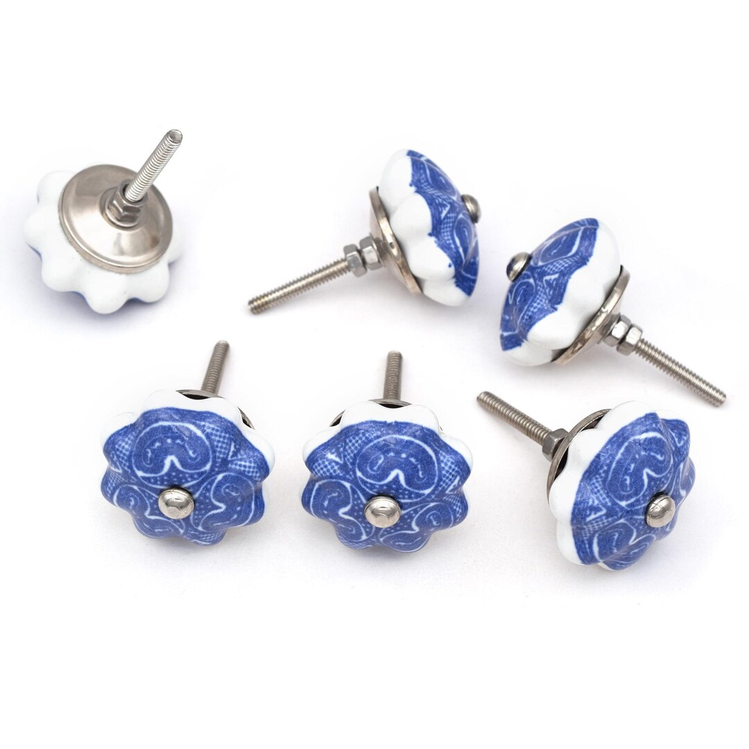 Blue & White Ceramic Knobs Kitchen Cabinet Drawer Knobs Hardware Knobs Handmade Knobs Cabinet ...