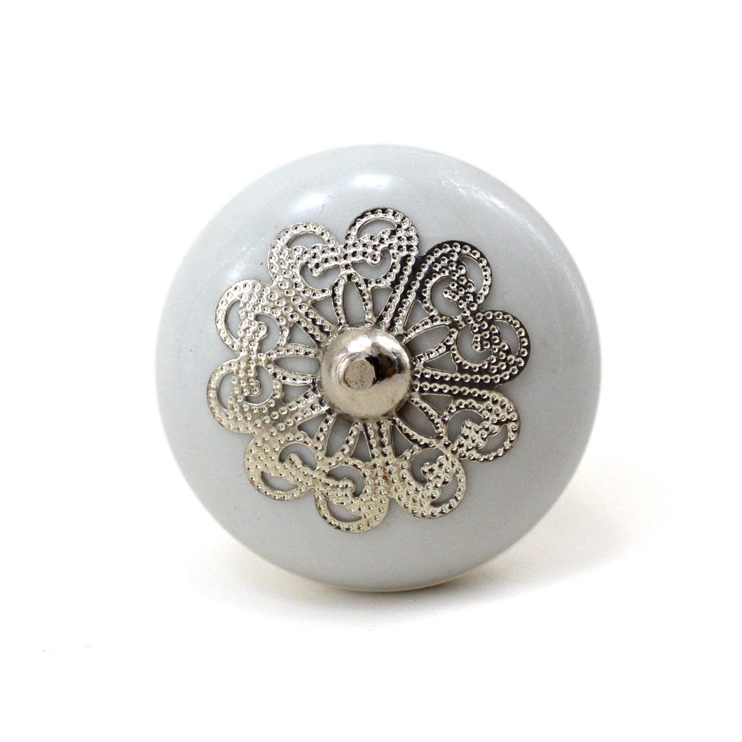 Grey Ceramic Knob With Silver Filigree - Elegant Cabinet Hardware(set ...