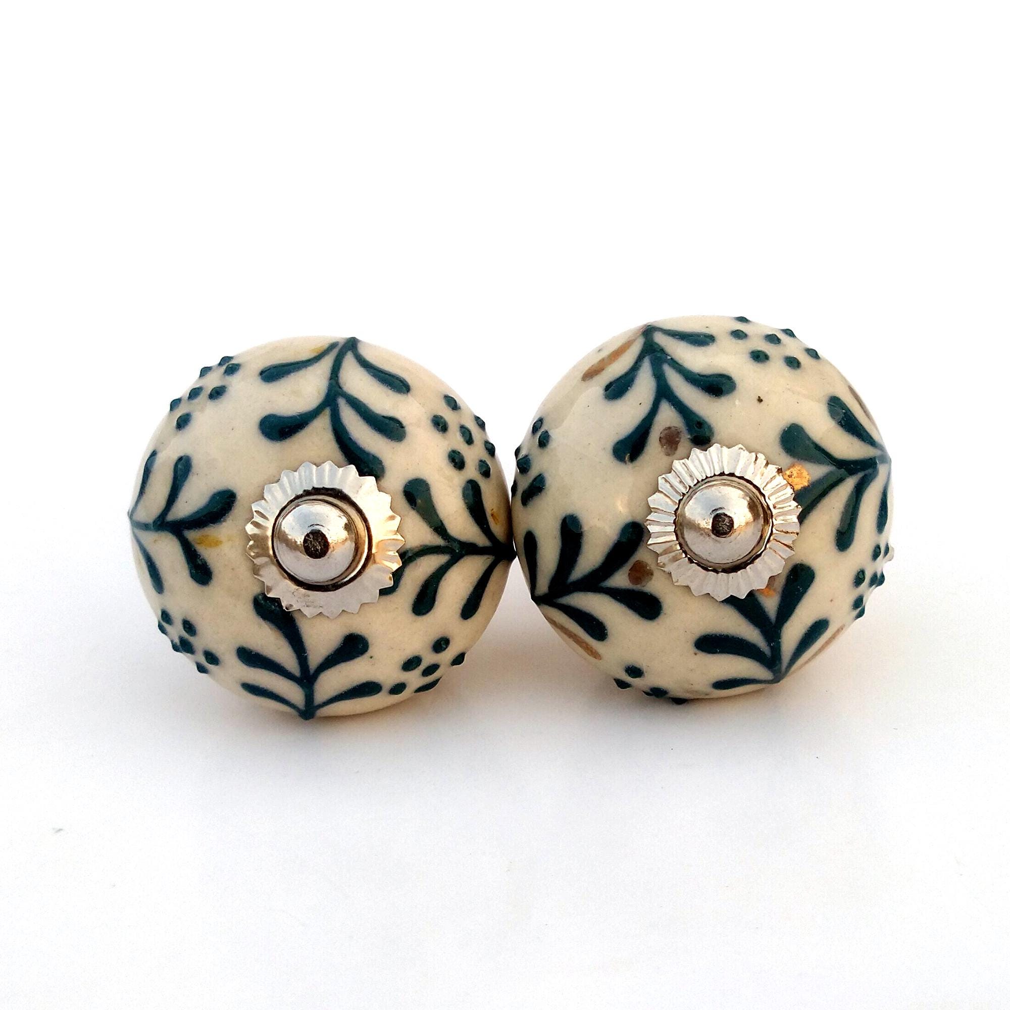 Set of Grey Bohemian Cabinet Cupboard Knobs Floral Patterned Wooden ...