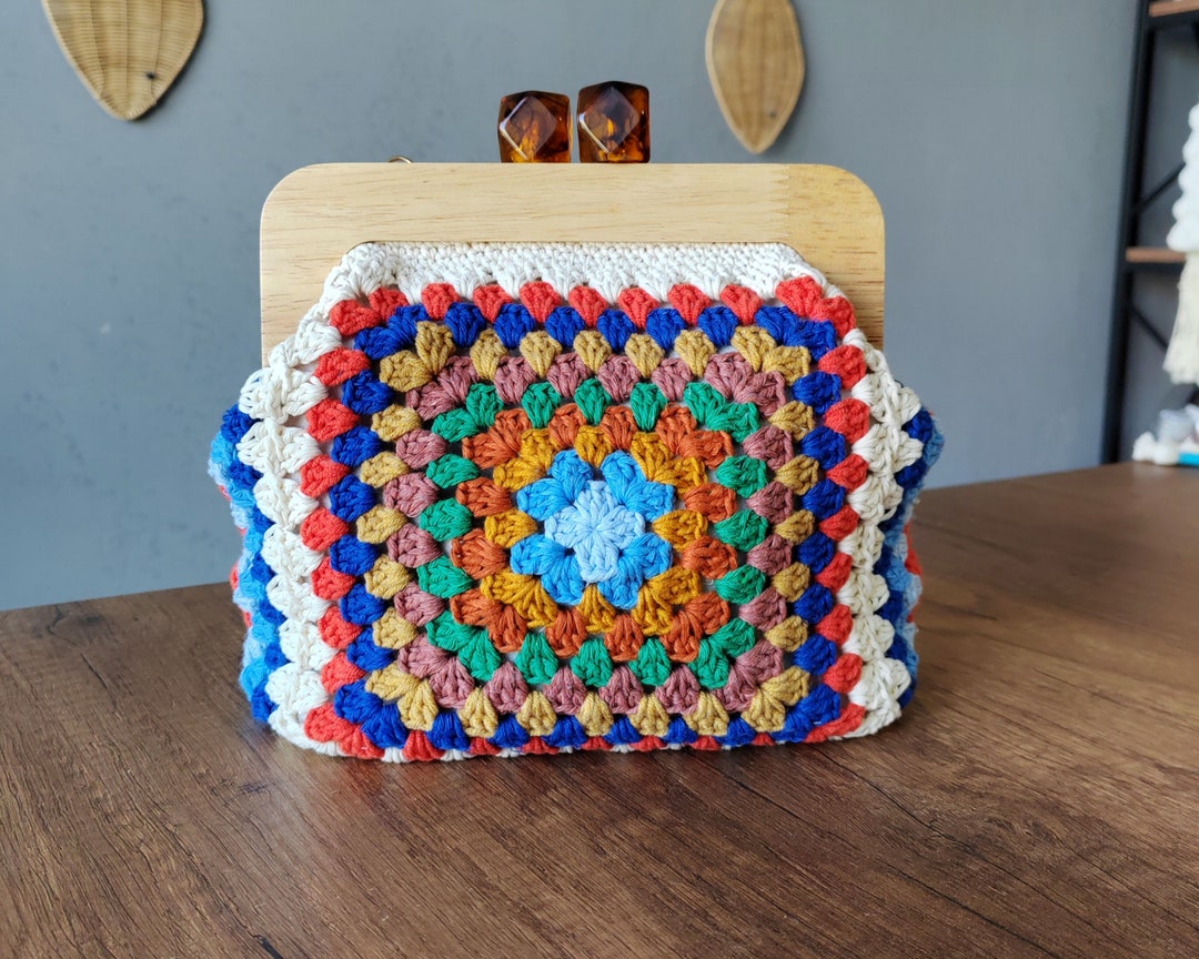 Granny Square Vintage Clutch With Wooden Clasp, Boho Festival Bag,gift ...