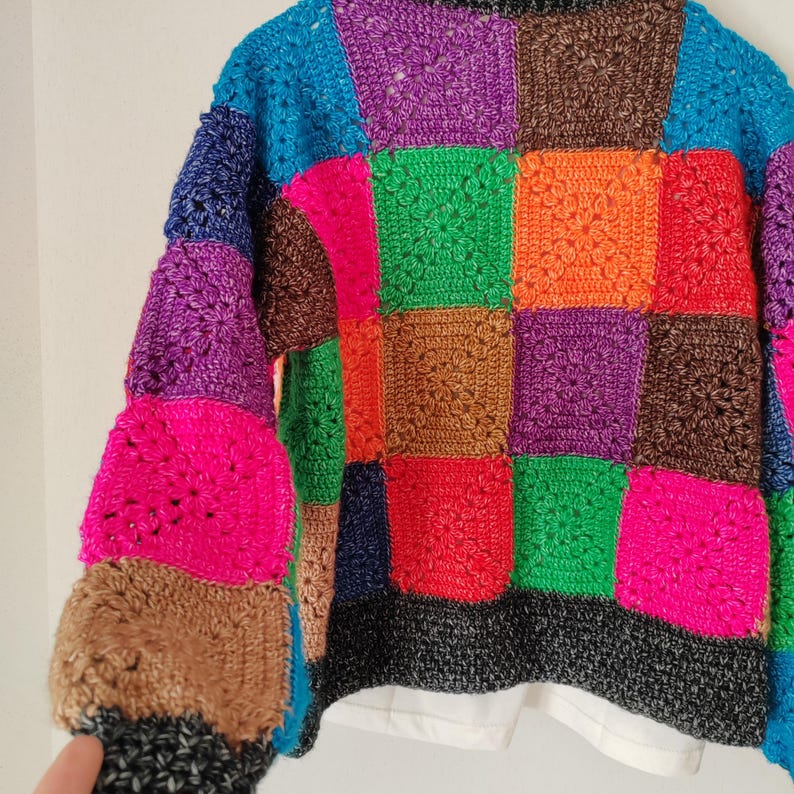 Crochet Patchwork Cardigan, Bright Granny Square Jacket, Rainbow ...