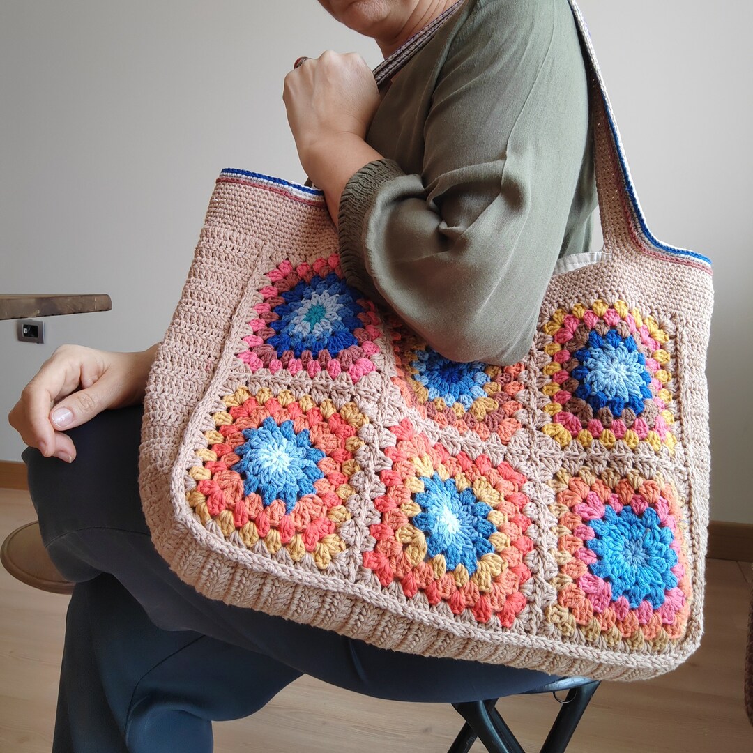 Granny Square Sack Bag for Woman, Crochet Colorful Huge Vintage Bag ...