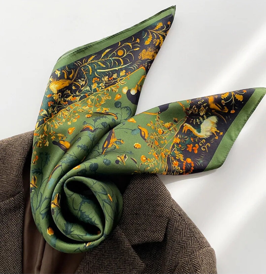 Dark Green Floral 68cm Silk Square Scarf, Women's Scarf, Fashion Scarf ...