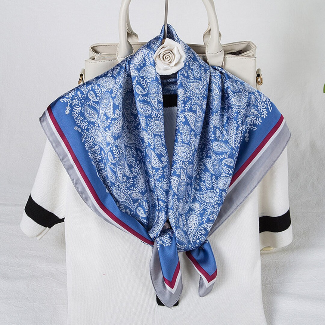 Paisley Blue Square Scarf 70cm Silk-feel, Women's Scarf, Hair Scrunchie ...