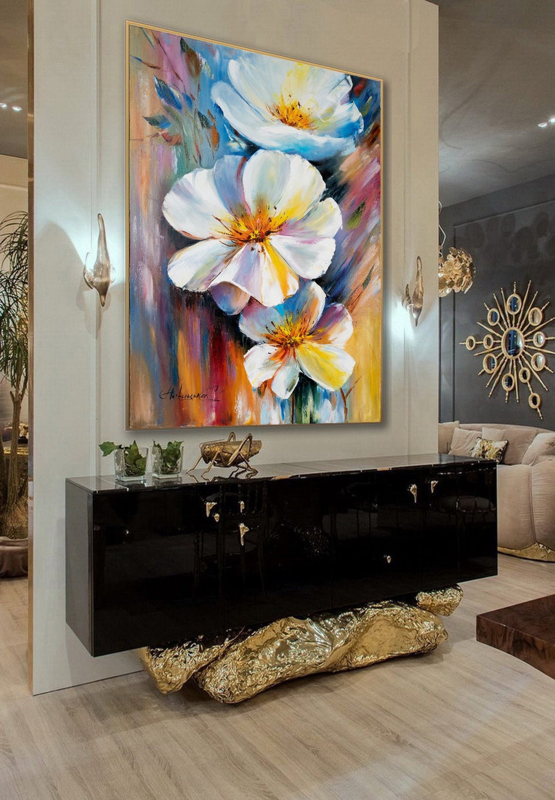 Large Flower Wall Art Abstract Print Floral Canvas Art Yellow ...