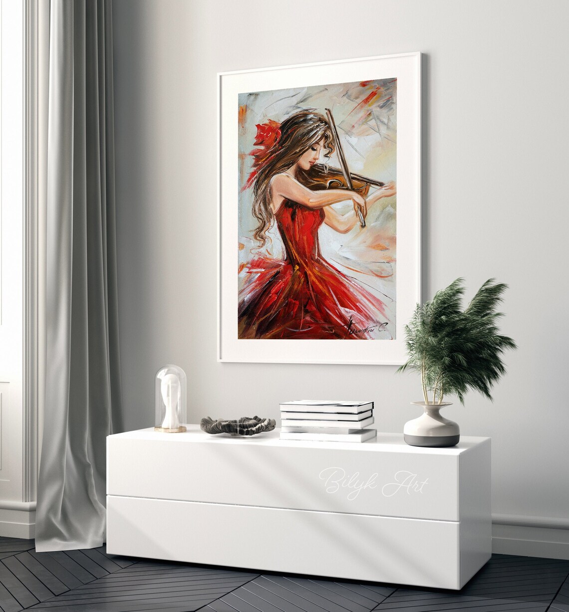 Red Woman Art Girl Playing Violin Print Classical Music Wall Art ...