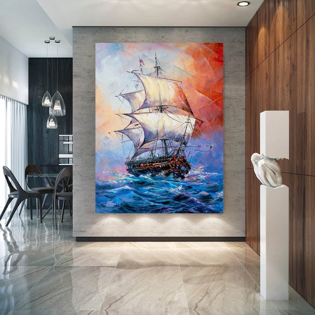 Sailing Ship Art Print Nautical Wall Art Blue Red Canvas Art Sailing ...