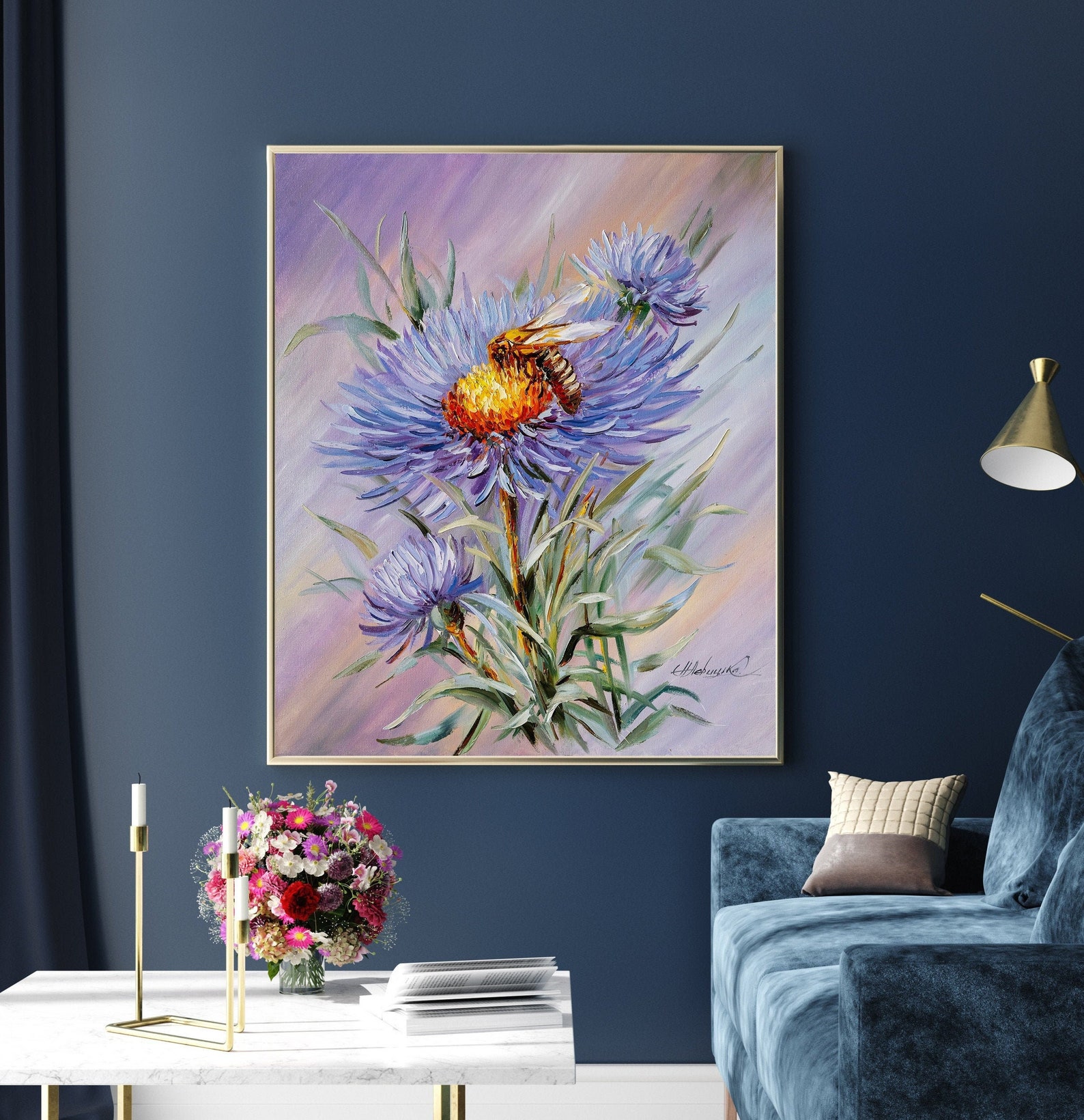 Bumble Bee Flower Print Large Purple Floral Wall Art Honeybee Print ...