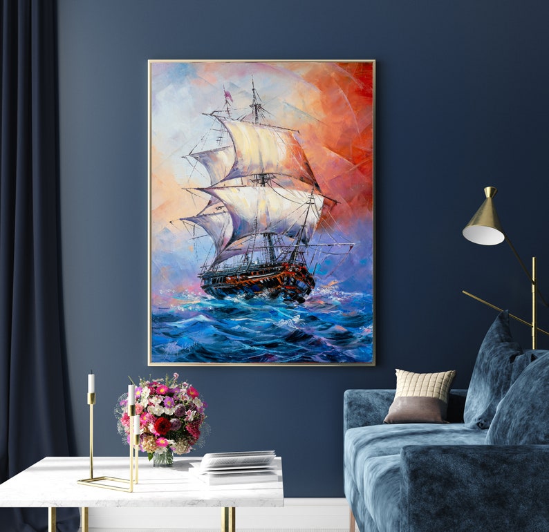 Sailing Ship Art Print Nautical Wall Art Blue Red Canvas Art Sailing ...